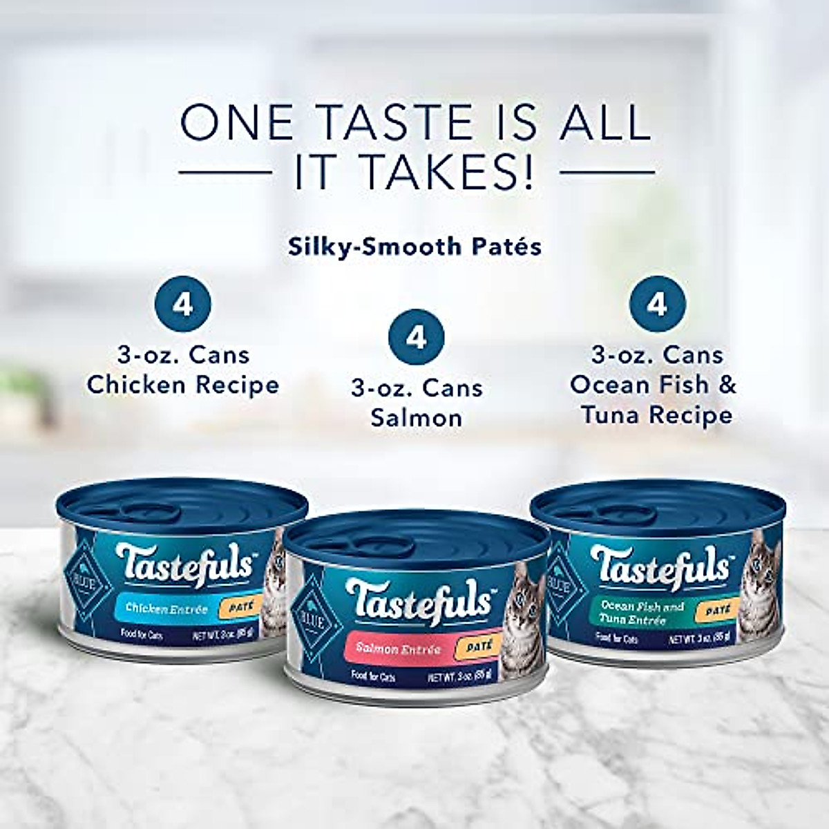 Blue Buffalo Tastefuls Natural Pate Wet Cat Food Variety Pack, Salmon, Chicken, Ocean Fish & Tuna Entrées 3-oz Cans (12 Count - 4 of Each Flavor)