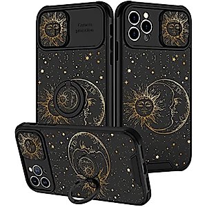 Goocrux (2in1 for iPhone 12 Pro Max Case Sun Moon Stars for Women Girls Cute Space Phone Cover Fashion Golden Star Print Design with Slide Camera Cover+Ring Holder Cases for iPhone 12 ProMax 6.7''