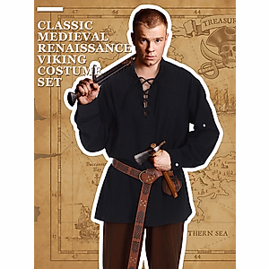 Panitay 4 Pcs Halloween Men's Medieval Costume Set Renaissance Pirate Shirt Pants Viking Belt Retro Pouch Outfit for Cosplay(X-Large,Black, Dark Brown, Brown)