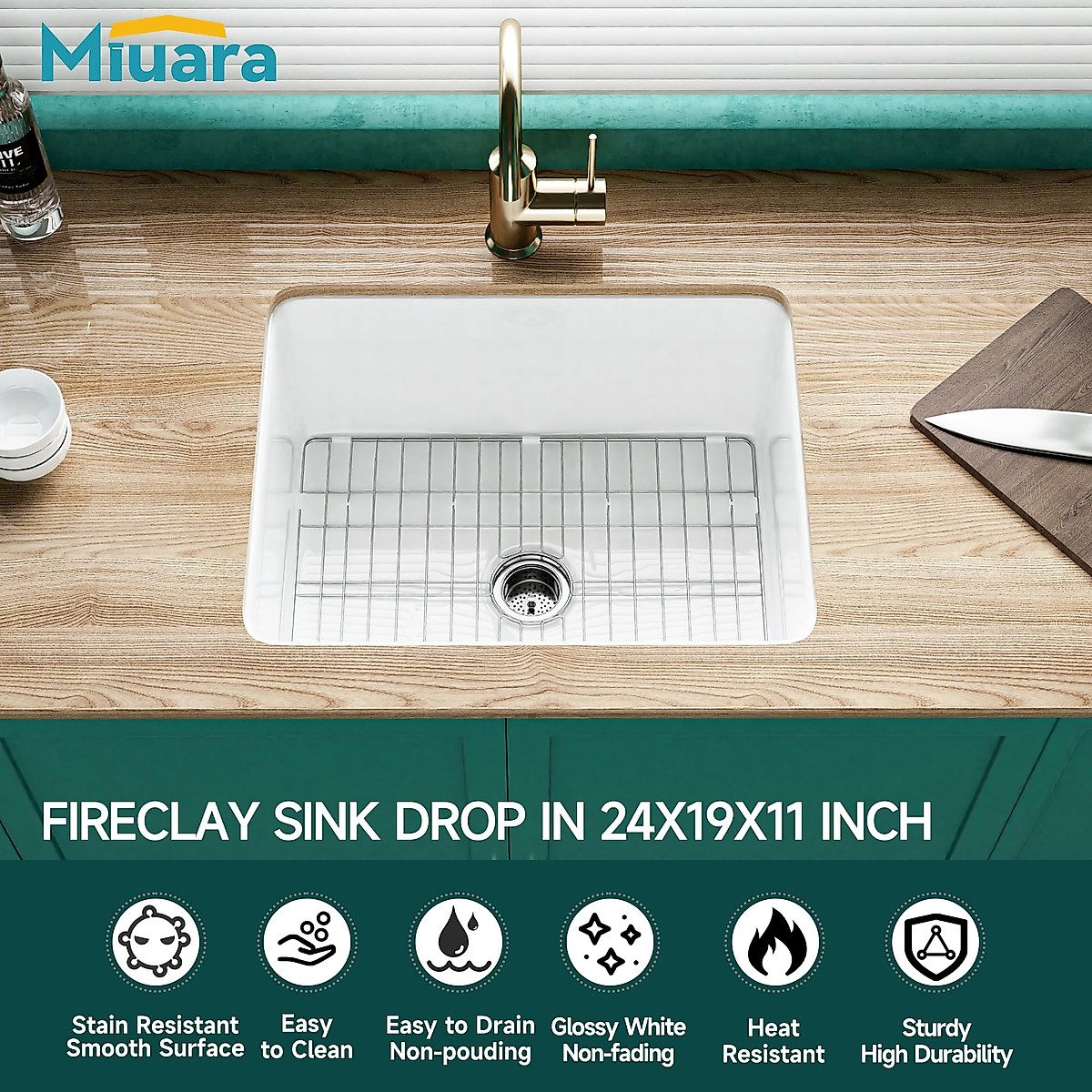 Miuara White Undermount Kitchen Sink 24 Inch - Small Topmount Wet Bar Sink Drop In 24"x19"x11", Dual Mount, Single Bowl, Fireclay Solid, with 2 Custom Accessories, White, for Kitchen & Laundry