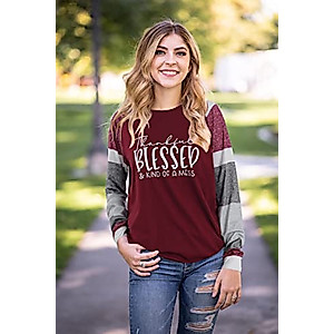 Thankful Blessed and Kind of a Mess Shirt Women Blessed Tshirt Color Block Splicing Top Thanksgiving Long Sleeve Shirt Red