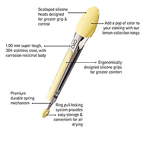 COOK WITH COLOR Food Tongs, Set of Two Cooking Tongs, 9” and 12” Stainless Steel Barbeque Tongs with Silicone Tips for Non Stick Cookware, Locking Grill Tongs (Lemon Collection)