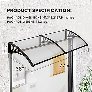 VIVOHOME Polycarbonate Window Door Awning Canopy Transparent with Black Bracket 40 Inch x 80 Inch