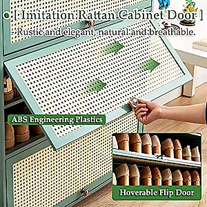 QQXX Bamboo Shoe Cabinet,Modern Entryway Shoe Storage Cabinet with Rattan Doors,Flip Shoe Rack Cabinet Shoe Organizer,Premium Storage Cabinet for Hallway Bathroom Kitchen(4tiers-31.5", Green)