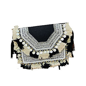 AMRANIS Boho Handcrafted Jute Coin Bag, Banjara bags, Designer Bohemian Bags, Shell Jute Bags Clutch, With Free Christmas Bag, Black4