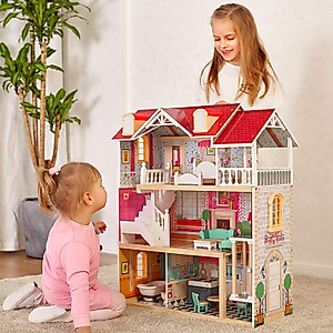 TOP BRIGHT Wooden Dollhouse for Toddlers Dream Doll House for 3+ Year Old