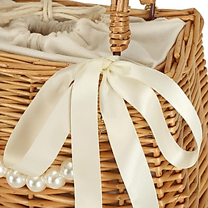 So'each Women's Handmade Rattan Wicker Artificial Pearl Shoulder Bag Beige