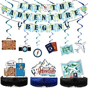 16 Pieces Travel Themed Party Decorations Let the Adventure Begin Banner Bon Voyage Party Decorations Travel Honeycomb Centerpieces for Travel Baby Shower Graduation Retirement Farewell Party Supplies