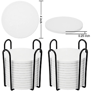 24 Pack Ceramic Tiles for Crafts with 2 Holders, White Unglazed Blank Ceramic Costers with Self-Adhesive Cork Backing Pads for Acrylic Pouring, Painting, Make Your Own DIY Coasters (Round)
