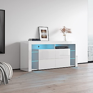 Meble Furniture Minelli TV Stand for TVs up to 70", Modern High Gloss 61" Entertainment Center, TV Media Console with Storage Cabinets and LED Lights