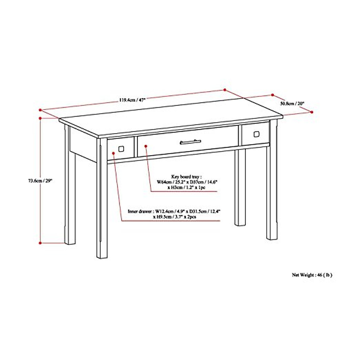 SIMPLIHOME Avalon SOLID WOOD Contemporary 47 Inch Wide Writing Desk in Dark Tobacco Brown, For the Office Desk, Writing Table, Workstation and Study Table
