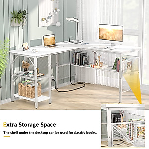 Unikito Magic Portable 4 Outlets L Shaped Desk, Reversible 55 Inch L-Shaped Computer Desk with Storage Shelf and USB Charging Port, Unique Grid Design, Large Gaming Corner Table for Home Office, White