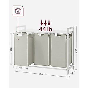 VASAGLE Laundry Hamper, Laundry Basket, Laundry Sorter with 3 Pull-Out and Removable Bags, Shelf, Metal Frame, 3 x 10 Gallons (38L), 36.4 x 13 x 28.4 Inches, White UBLH301W01