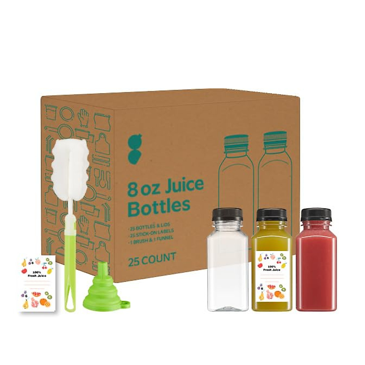 Comfy Package [8 oz. - 25 Count Reusable Plastic Juice Bottles With Caps, Labels, Brush, and Silicone Funnel - Clear plastic Bottles with Caps, Juice Containers with lids, for All Beverages