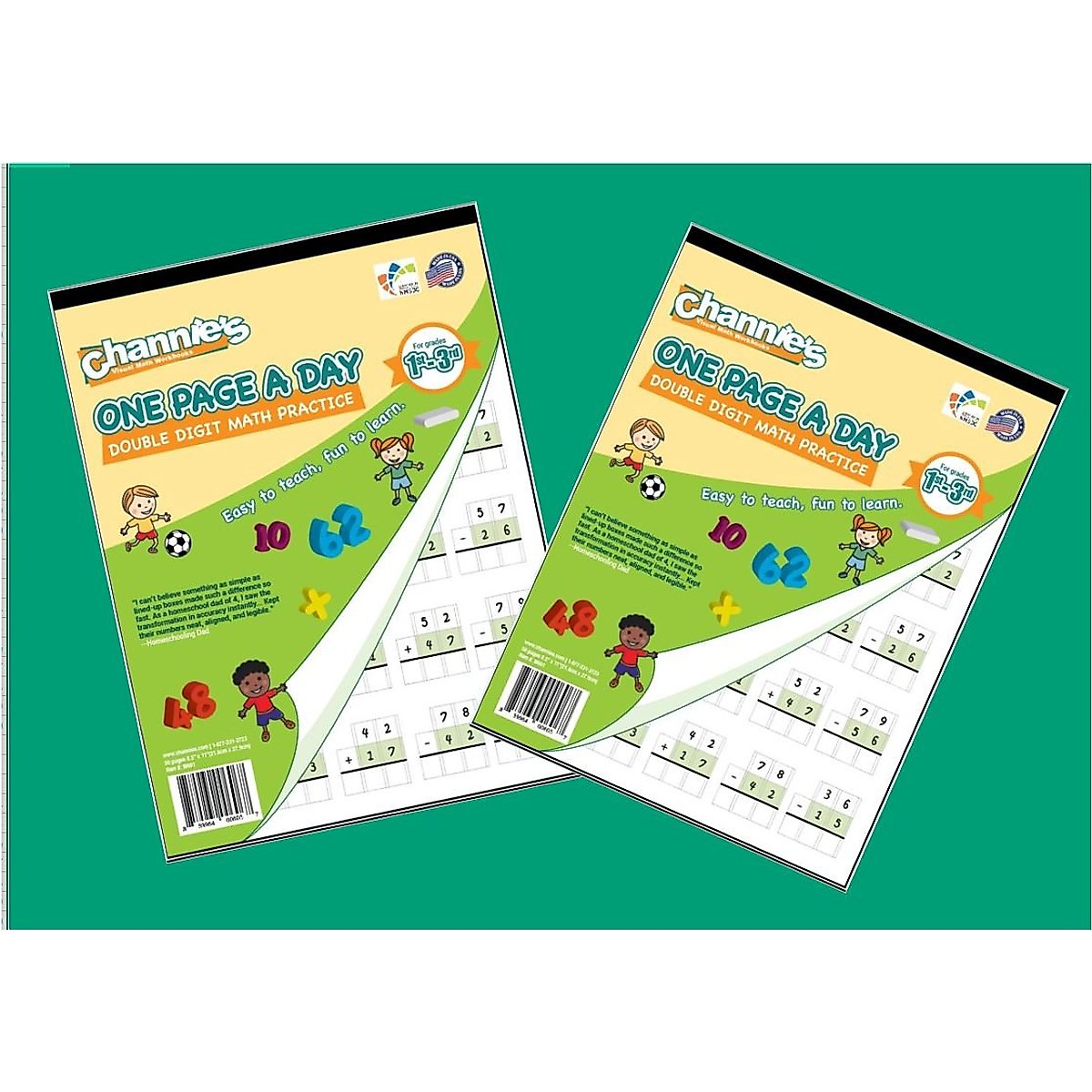 Channie’s One Page A Day Workbook, Double Digit Math Practice Worksheets, Total 100 Pages Front & Back (50 Sheets) in 2-Pack Set, Grades 1st, 2nd & 3rd, Size 8.5” x 11” (2 Pack)