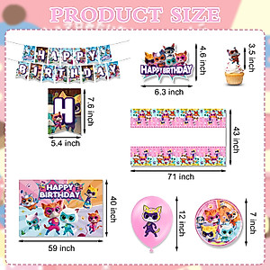 Super Cat Birthday Party Supplies - Super Cartoon Kitty Birthday Decorations with 18X Balloons, Birthday Banner, Tablecloth, Cake Topper, 12X Cupcake Toppers, 10X Plates, Backdrop for Fans Kids