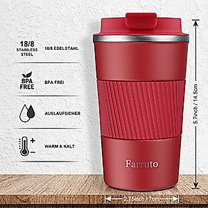Farruto Travel Mugs - Stainless Steel Reusable Coffee Mugs with Silicone Cup Drag 100% Leakproof 13oz 380ml Travel Mug Car Mugs for Coffee, Milk, Tea etc. (Red)