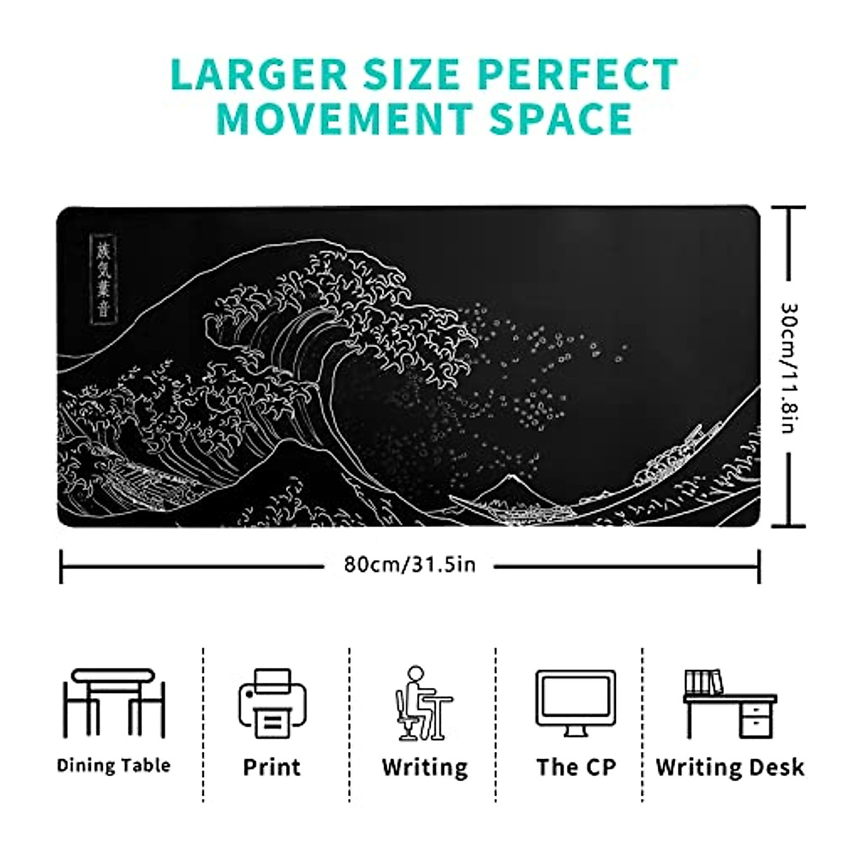 Japanese Sea Wave Gaming Mouse Pad 31.5x11.8 Inch Anime Black Mouse Pad Big Kanagawa Large Mousepad Extended Non-Slip Rubber Base Waterproof Big Keyboard Mat with Stitched Edges for Gaming and Office