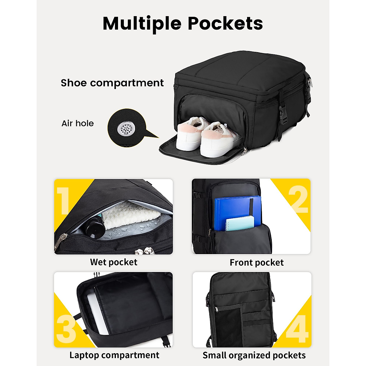 Vorspack Travel Backpack for Women Men - Carry On Backpack for Airplanes Large Laptop Backpack Casual Daypack with Shoe Compartment for Travel Work College - Black