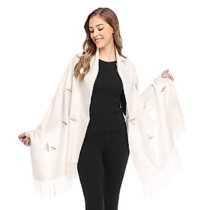 Bienvenu Dragonfly Detail Large Women Soft Cashmere Wool Wraps Shawls Stole Scarf,White