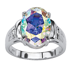PalmBeach Jewelry .925 Sterling Silver or Yellow Gold-Plated Oval Cut Aurora Borealis Cubic Zirconia Ring Size 8