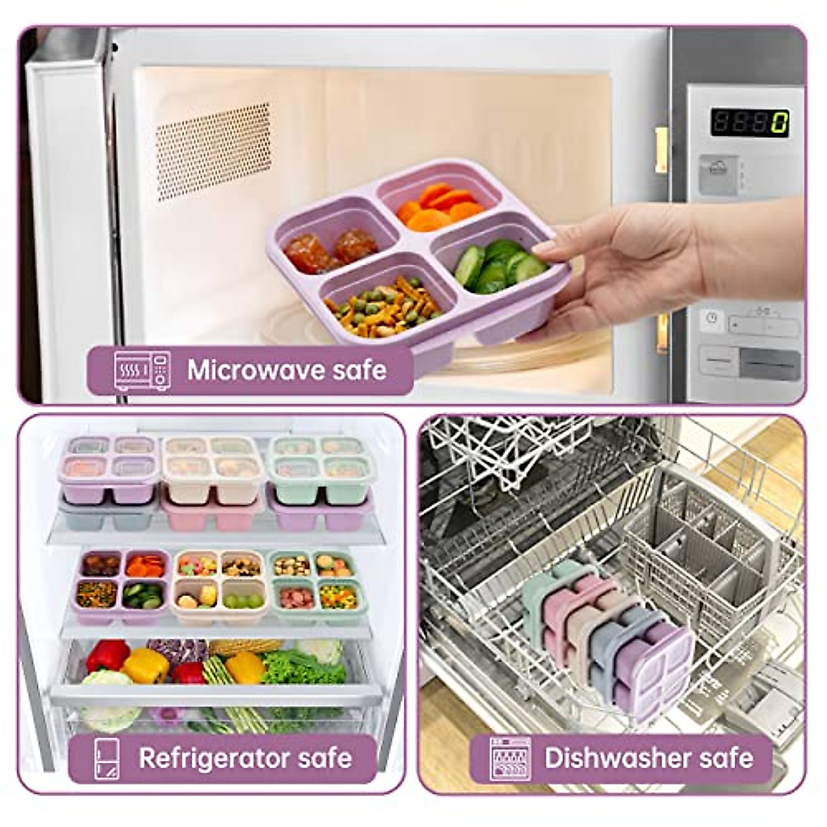 Luriseminger Bento Lunch Box，4 Compartment Snack Containers，Divided Snack Box，Meal Prep Lunch Containers FOR Kids/Toddle/Adults,Food Storage Containers for School, Work and Travel (Multicolor-5pack)