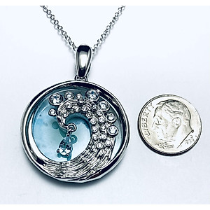 P7934 Ocean Wave 25mm Round Larimar W/3x5 Tear-Drop Emerald Sterling Silver Pendant