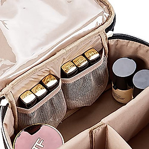 BELALIFE Double Layer Makeup Bag for Travel, Portable Cosmetic Organizer for Brushes Sets, Large Toiletry Holder with Straps, Pink