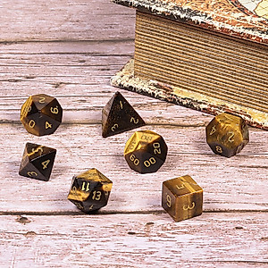 Amogeeli 7pcs Hand-Carved Crystal DND Dice Set, Stone Polyhedral Rolling Dice Kit for RPG MTG COC Table Game, Tiger' s Eye Stone