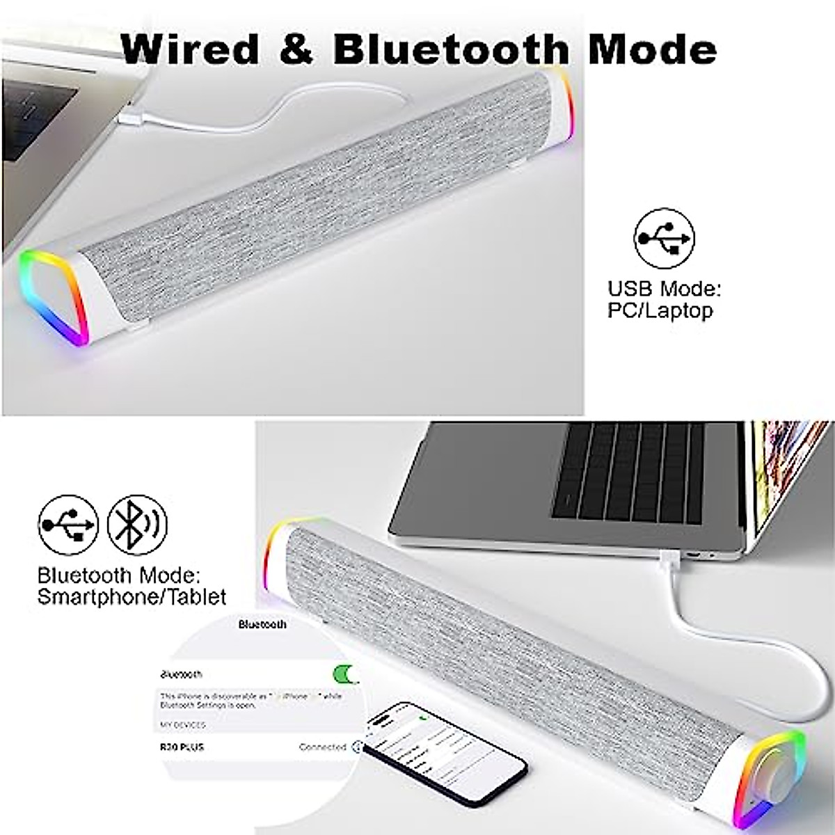 SOULION R30 Plus Bluetooth Computer Speakers for PC Desktop, 6 Modes LED Lights with All-in-one Control Button, Wired USB Powered Sound Bar, Surround Sound Portable SoundBar for Monitor Laptop Phone