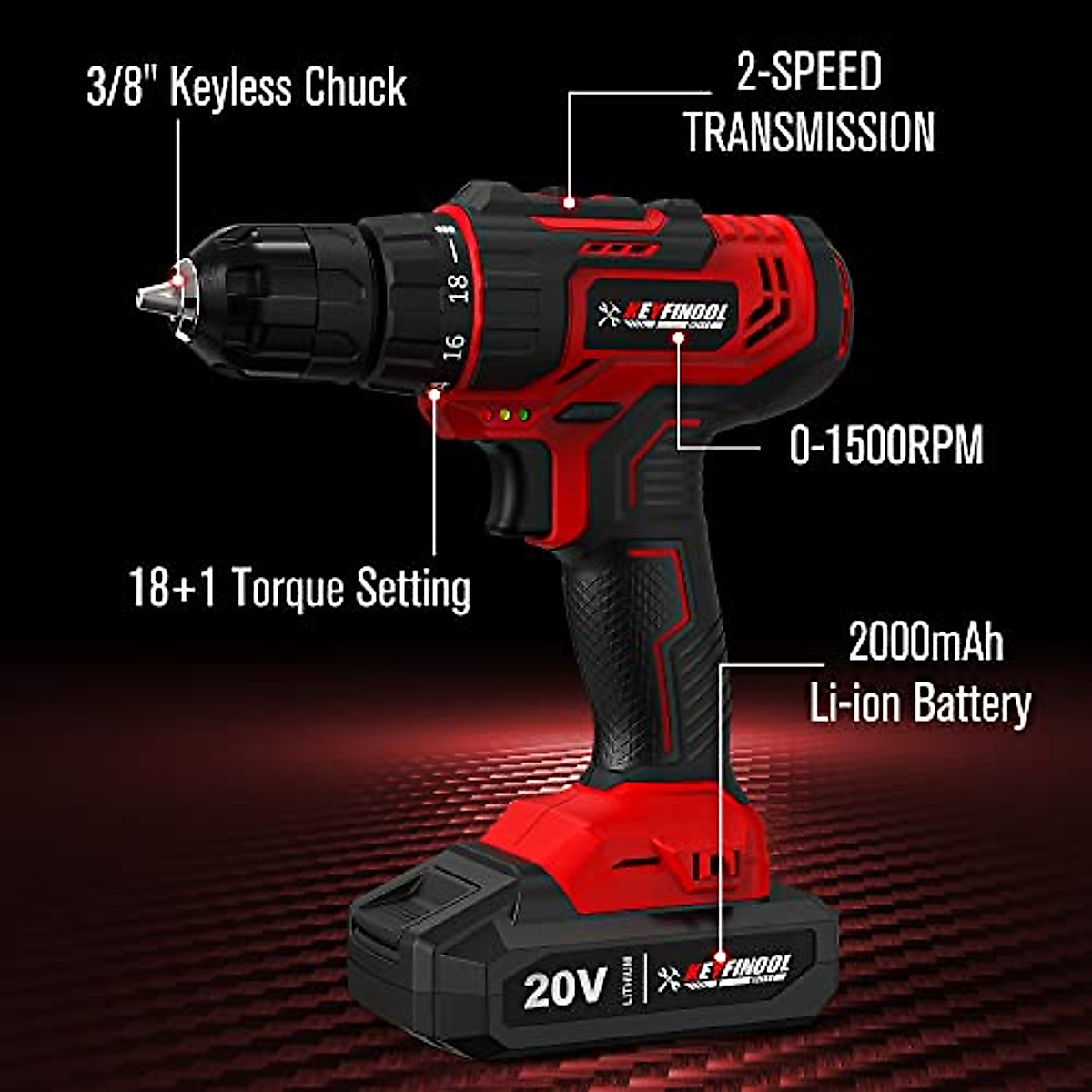 KEYFINOOL 20V Lithium-Ion Cordless Drill Set, 18+1 Power Drill Kit With 2.0Ah Battery & 1H Fast Charger, 2-Variable Speeds, 265 In-lbs Torque Power, LED Light, 22pcs Driver/Drill Bits