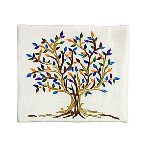 Yair Emanuel Multicolor Tree of Life Design Embroidered Raw Silk White Tallit Set