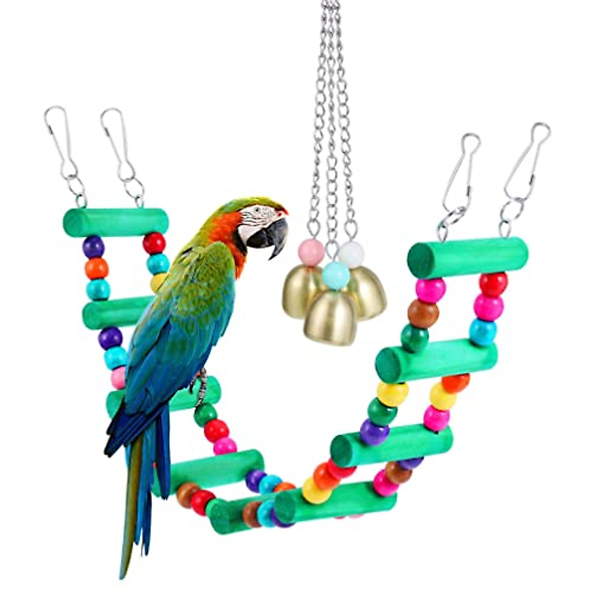 PATKAW 2Pcs Bird Parrot Ladder Toys Wooden Bird Climbing Ladder Bridge Bell Toy Colorful Cage Hanging Swing Chewing Toys for Budgerigar Parakeet Conure Cockatiel Mynah Love Birds