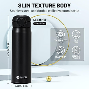MUCR 17 oz / 500 ml Insulated Water Bottle, Stainless Steel Thermo Coffee Travel Mug, Thermal Cup with Snap Flip Lid, BPA Free for Hot and Cold Drinking, Black