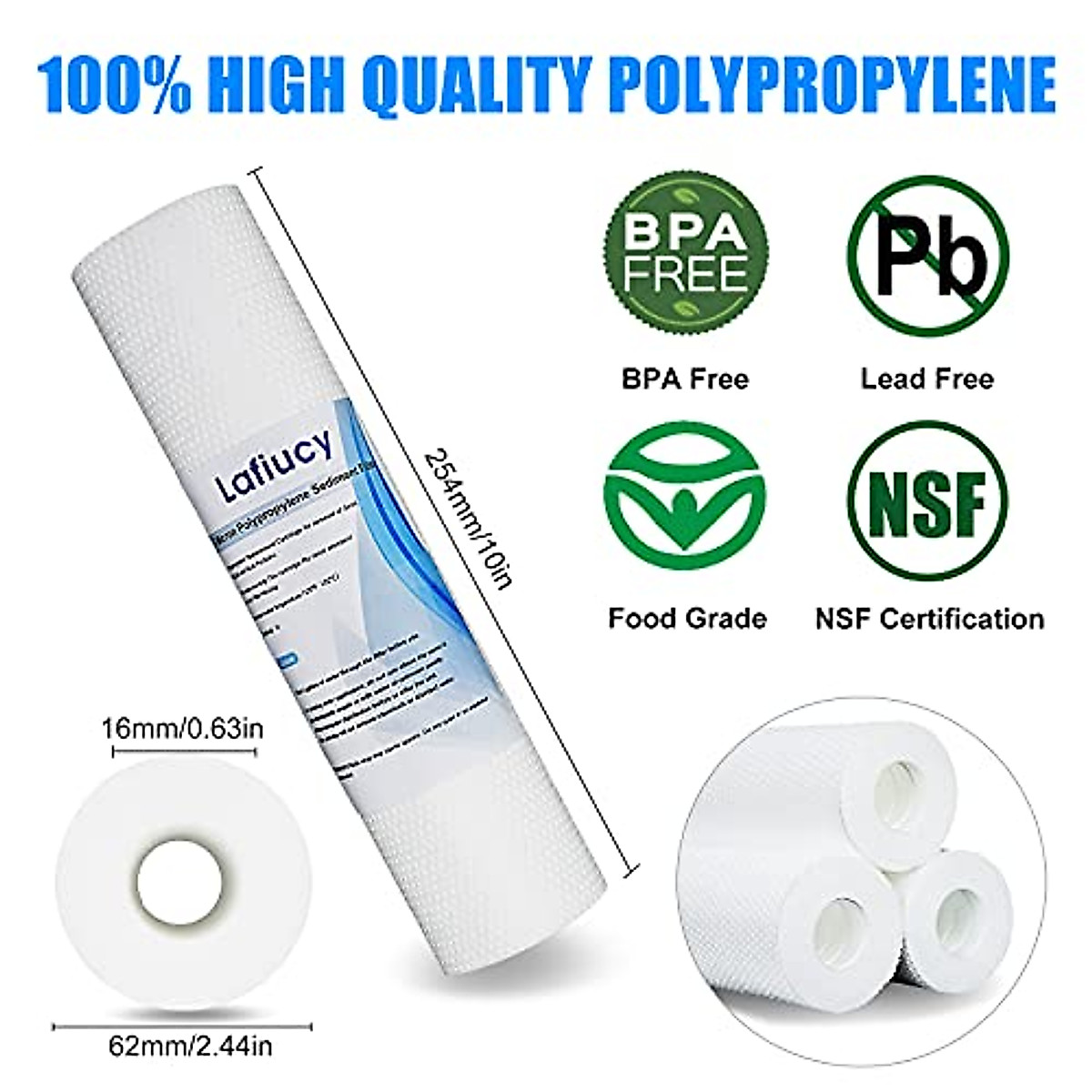 Lafiucy Sediment Water Filter Cartridge 10"x 2.5",5 Micron,6pack,10" x 2.5" Whole House Sediment Water Filter Replacement Cartridge Compatible with 10 inch RO Unit