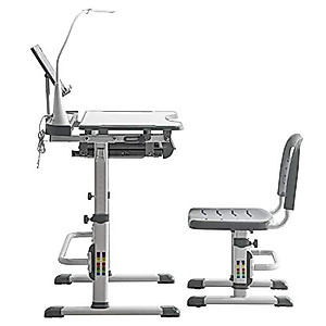 Kids Desk and Chair Set,Height Adjustable Ergonomic Children Sturdy Table with Drawer,Light,Metal Hook and Tilt Desktop for Boys Girls (Gray)