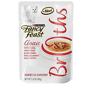Fancy Feast Broths Classic Tuna, Anchovies & Whitefish Cat Food Complement, 1.4 oz, 16 pouches