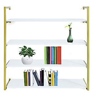 GDAE10 Modern Wall Mounted Shelf Gold Metal Wall Shelf with Wooden Board Floating Storage Rack Wall Mounted Bookshelf Suitable for Living Room Study Bedroom (36 Inch 4 Layer)