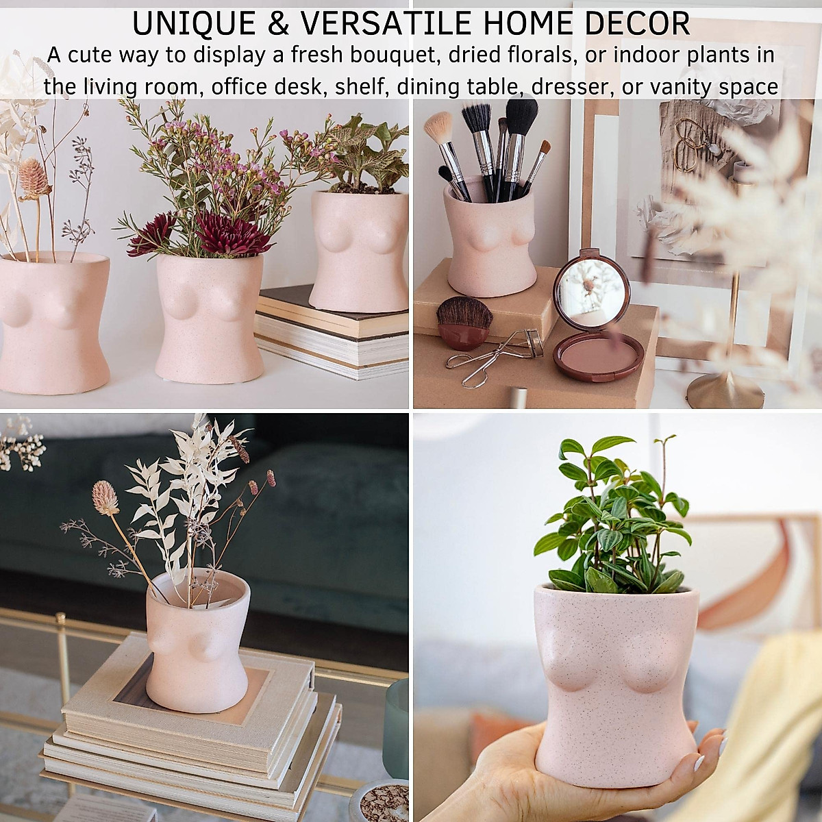 Boob Planter Body Vase Female Form Bust Flower Vase w/Drainage Hole, Speckled Matte Pink Ceramic, Modern Boho Home Decor Cute Small Indoor Plant Pot Feminine Women Shaped Sculpture Unique Boob Gifts