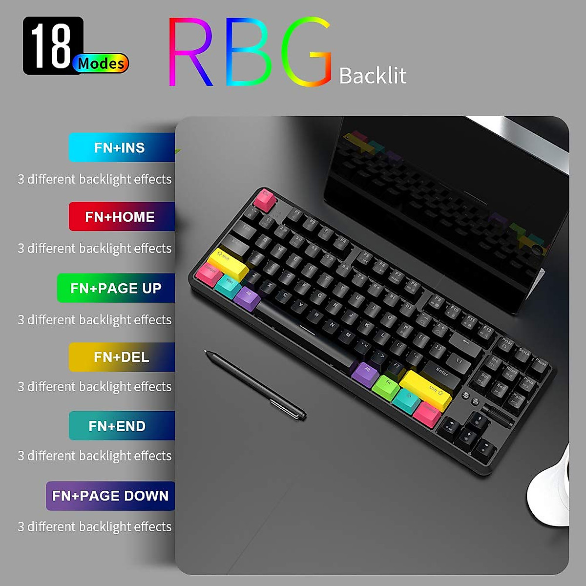 NACODEX K870T TKL Wired/Wireles RGB Mechanical Keyboard | Tenkeyless Bluetooth Keyboard with Volume Wheel Design | 10PCS Mixed Color Keycaps, Up to 3 Devices for Office Gaming (Blue Switch)