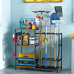 DAOUTIME Garden Tool Organizer with 3-tier Shelves, Yard Tool Organizer for Garage with 2 Hooks, Up to 21 Long-Handled Tools, Sturdy Metal Steel Tool Holder for Garage, Shed, Home, Black