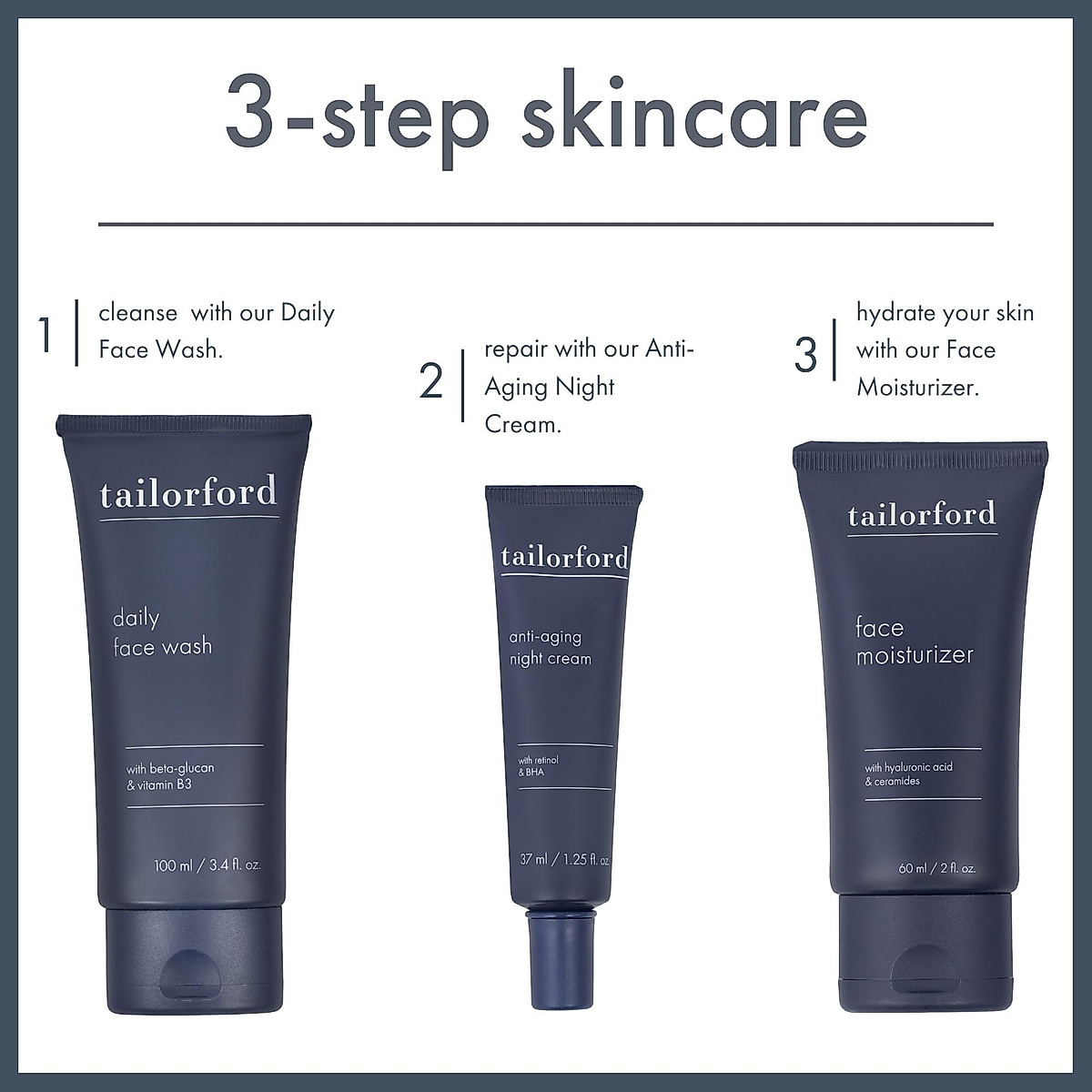 Tailorford Unisex 3 Step Skin Care Routine including Face Wash, Moisturizer and Night Cream, Skin Care Set for Men and Women, Travel Size