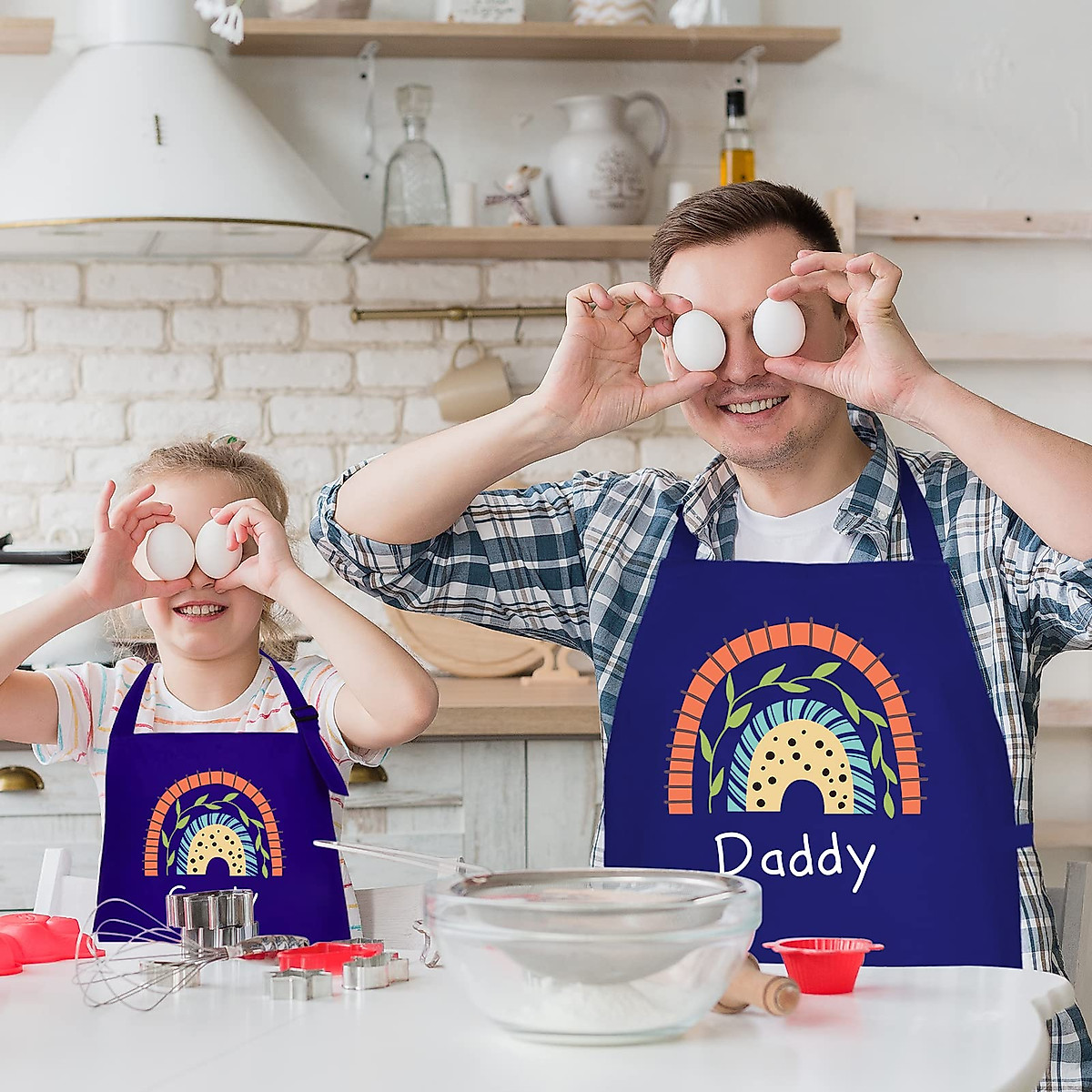 Party-rainday Customized 2 Pack Parent-Child Aprons, Matching Family Apron Set, Adjustable Father Son Mummy Daughter Cooking Apron, Rainbow Chef Bib Aprons with Pockets(Blue)