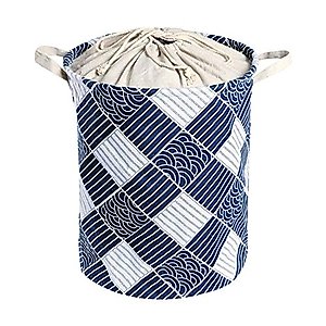 HUAIDE Laundry Basket with Drawstring Closure & Handles Laundry Organizer Hamper Foldable Cotton Laundry Bag Home Dorm Storage Bin Blue+White 1Pc