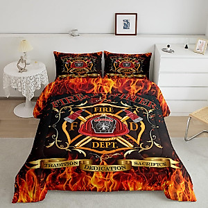 Firefighter Theme Children Comforter Set,Burning Flame Bedding Set for Kids Boys,Adults Soft Fireman Sign Comforter,Teens Red and Black Quilted Duvet Set Bedroom Collection King Size 3Pcs