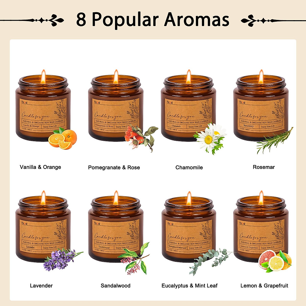 Fixwal 8 Pack Scented Candles Gifts for Women, 3.5oz Glass Jar Soy Candles for Birthday Valentine Mother's Day