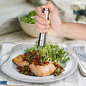 Cute Stainless Steel Pepper Mills with One Hand Stands Mini Thumb Push for Peppercorns, Sea Salt, Spices, Table Seasoning Grinders