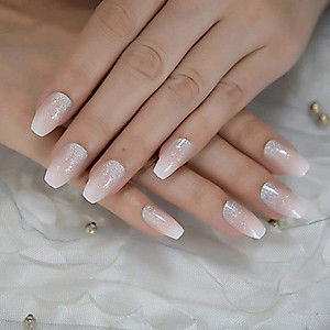 Coolnail Holo Glitter Pink Nude French Ballerina Coffin False Nails Gradient Natural Press on Fake Nails Tips Daily Office Finger Wear