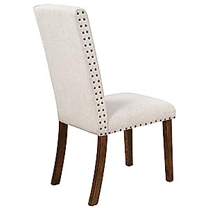 Winwee Dining Chairs with Copper Nails and Solid Wood Legs Upholstered Armless Dining Chair with High Back Upholstered Stools, Cotton-Linen Blend Fabric Set of 2 (Beige)