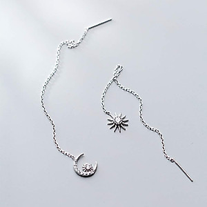 Crystal Crescent Moon Star Tassel Threader Chain Earrings S925 Sterling Silver Asymmetrical Dainty CZ Crystal Dangling Sun Long Chains Earring Jewelry for Women Girls (White Gold)
